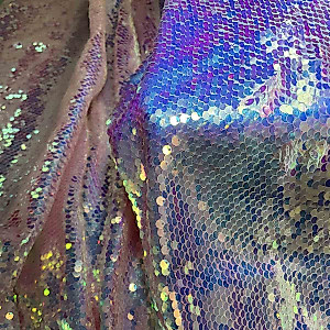 LQIAO 0.5Yard Tansparent Iridescent Pink Mermaid Sequin Fabric Lace Two Tone Flip Up Reversible Sequin Fabric for Evening Wedding Dress Decoration