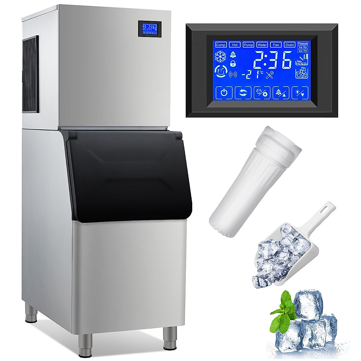 GarveeHome Commercial Ice Machine, 400Lbs Per Day with 350lbs Storage Bin, Stainless Steel Industrial Ice Cube Machine for Coffee Shop, Business Restaurant
