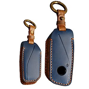 SANRILY Handmade Leather 4 Button Smart Key Fob Cover for BMW I7 M Sport 2023 X7 X1 IX M5 Keyless Full Protection Key Case with Keychain Blue