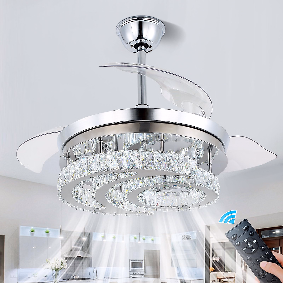 FRIXCHUR 42" Dimmable Fandelier Led Crystal Chandelier Ceiling Fans with Lights and Remote Moon Shape Retractable Chandelier Ceiling Fan for Bedroom Living Room Dining Room 30W*2