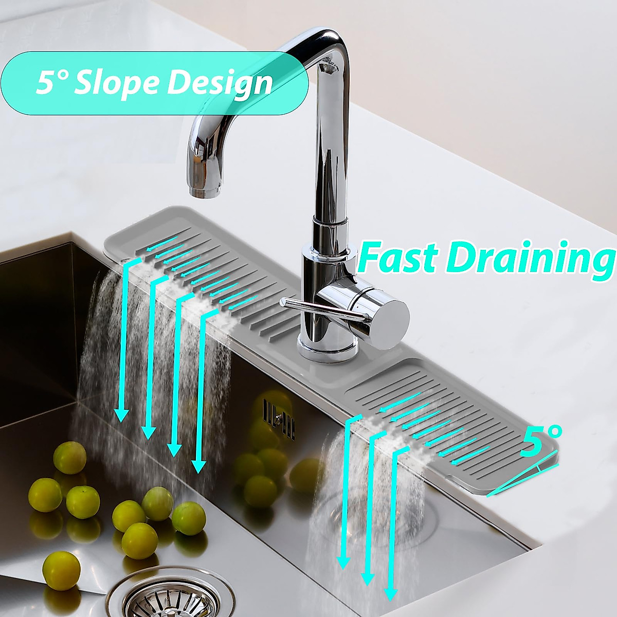 Silicone Kitchen Sink Splash Guard Faucet Mat (17.7" x 5.5"), 5° Slope Faucet Draining Mat, Faucet Handle Drip Catcher Tray Sink Drain Faucet Pad Behind Faucet for Kitchen & Bathroom Countertop