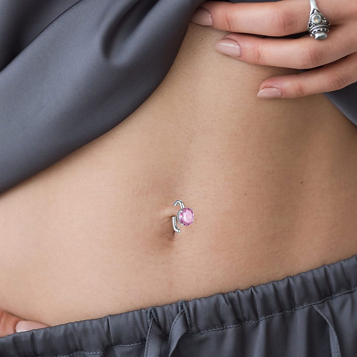 FLYUN Belly Button Ring, Hypoallergenic Sterling Silver Belly Ring Hoop, Belly Piercing Ring, Floating Navel Piercing Minimalist Jewelry (8MM Zircon, Clear & Pink & Green)