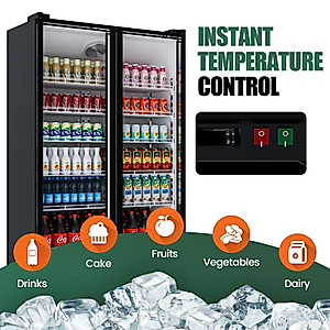 Full Screen Glass Commercial Cooler 27.1 Cu.Ft Aluminum Alloy Frame Merchandiser Refrigerator Low-E Glass Door Display Refrigerator Beverage Cooler, Adjustable Shelves Drink Organizer ETL/DOE, Black