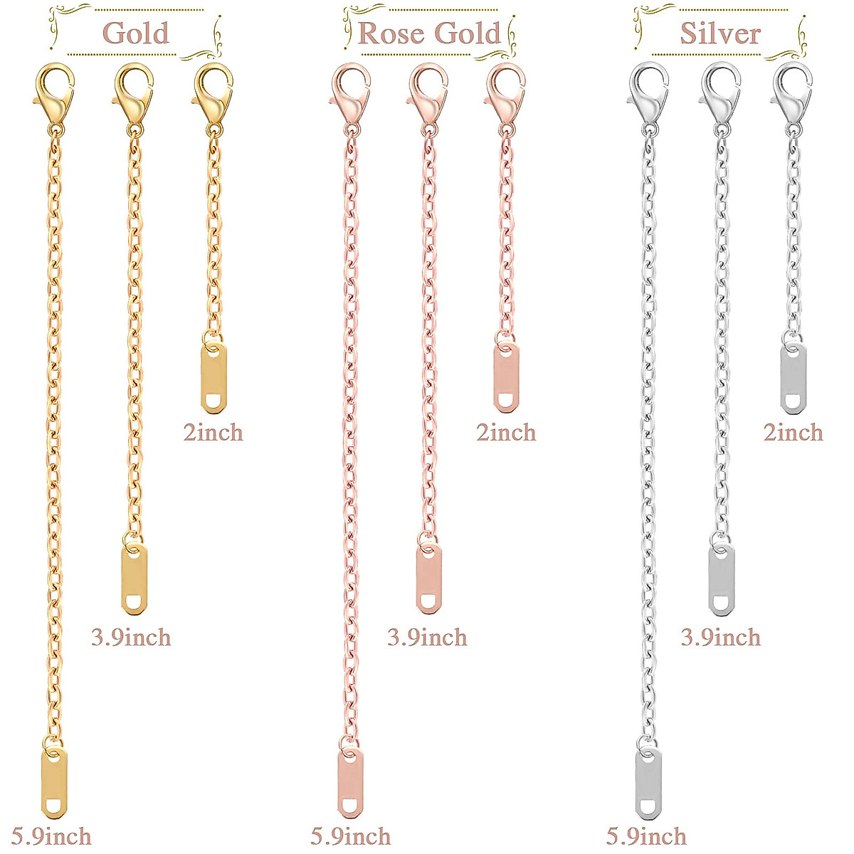 9 Pcs Necklace Extender, Chain Extenders for Necklaces, Delicate Stainless Steel Jewelry Chain Extenders for Bracelet Anklet Necklace (Gold/Silver/Rose Gold, 5/10/15cm)