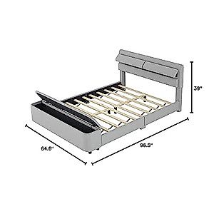 Lepfun Queen Size Upholstered Bed with Storage Headboard and Footboard, Velvet Queen Platform Bed Frame, Wood Support Legs, No Box Spring Needed (Grey)