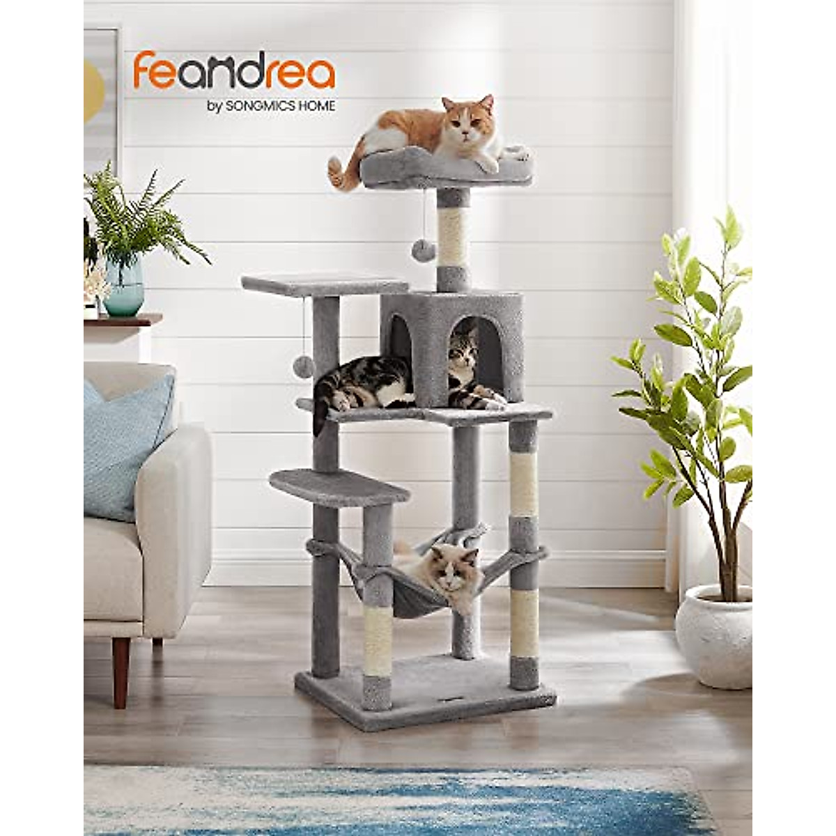Feandrea Cat Tree, Cat Tower, Cat Condo with Scratching Posts, Hammock, Plush Perch, Cat Activity Center, Light Gray UPCT161W01