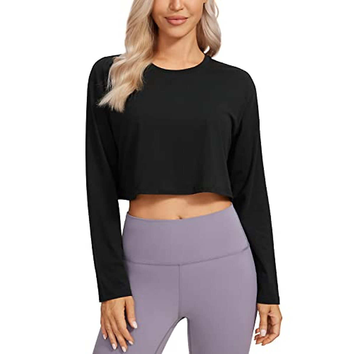 CRZ YOGA Pima Cotton Long Sleeve Shirts for Women Workout Crop Tops Loose Cropped T-Shirts Athletic Gym Shirts Black Medium