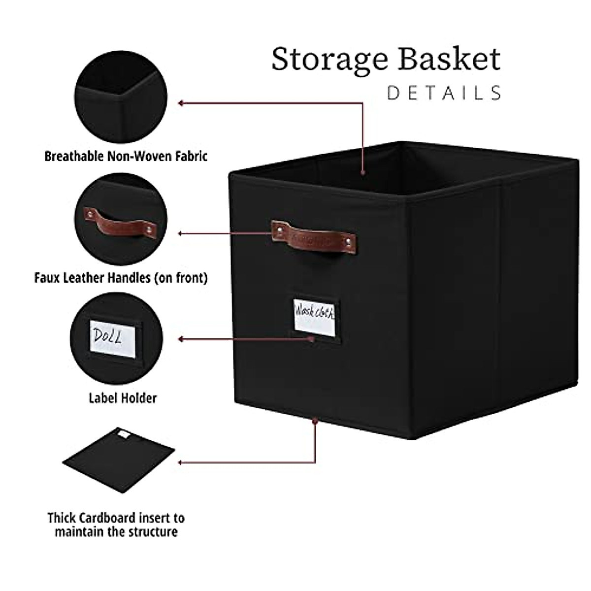 DECOMOMO Storage Baskets 13x15x13 Storage Cube Bins with Label Holders, Kallax Storage Cubes Baskets for Organizing Shelves Nursery Toy (Kallax / 4pcs, Black)