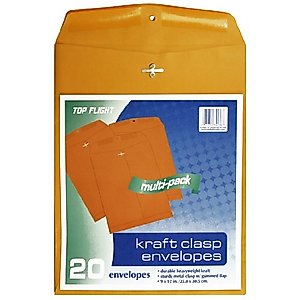 Top Flight Clasp Envelopes, Gummed and Clasped Closure, 9 x 12 Inches, Brown Kraft, 20 Envelopes per Pack (6911117)