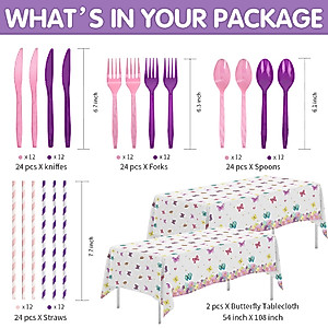 Xigejob Butterfly Party Decorations Tableware - Butterfly Birthday Party Supplies Include Plate, Cup, Napkin, Tablecloth, Cutlery, Straws, Butterfly Baby Shower Birthday Party Decorations | Serve 24