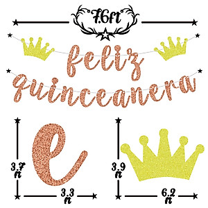 Rose Gold Glitter Feliz Quinceanera Banner, Happy Quinceanera/Princesa De Quince/Mis Quince 15, Spanish 15th Birthday Party Decorations