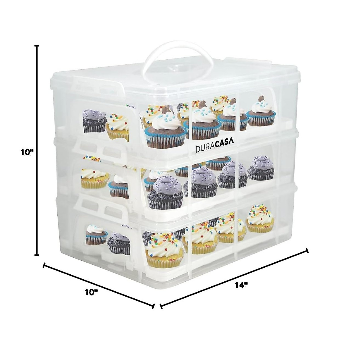 DuraCasa Cupcake Carrier, Cupcake Holder - Premium Upgraded Model - Store up to 36 Cupcakes or 3 Large Cakes - Stacking Cupcake Storage Container - Cookie, Muffin or Cake Carrier (White, Three Tier)