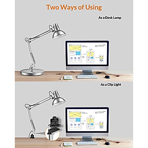 LEPOWER Metal Desk Lamp, Adjustable Goose Neck Architect Table Lamp with On/Off Switch, Swing Arm Desk Lamp with Clamp, Eye-Caring Reading Lamp for Bedroom, Study Room &Office (Silver)