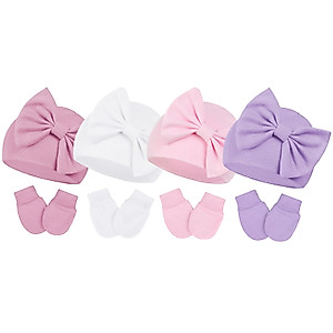Century Star Newborn Girls Hats Baby Hat and Mitten Set Big Bow Knit Infant Headbands Winter Baby Hat for Girls E White & Pink & Purple & Deep Pink 0-3 Months