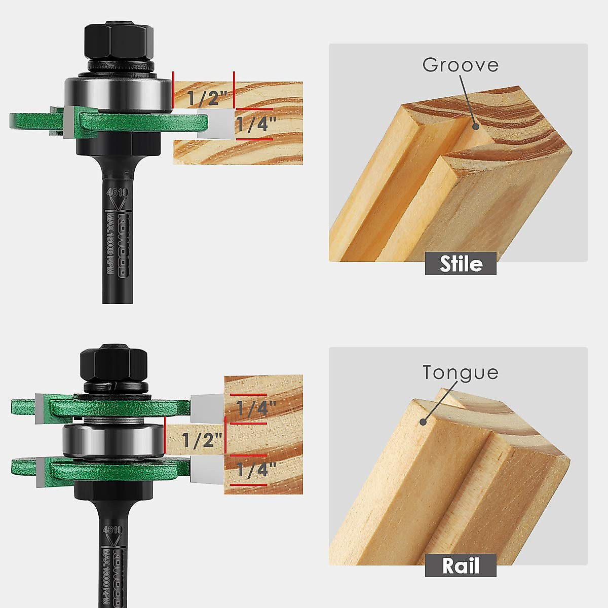 KOWOOD Pro Tongue and Groove Set of 2 Pieces 1/4 Inch Shank Router Bit Set 3 Teeth Adjustable T Shape Wood Milling Cutter