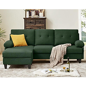 Pingliang Home Sectional Sofa Couch for Living Room, Deep 3-Seater L Shaped Couches 86" Convertible Sofas with Ottoman, Modern Linen Upholstered (Dark Green)