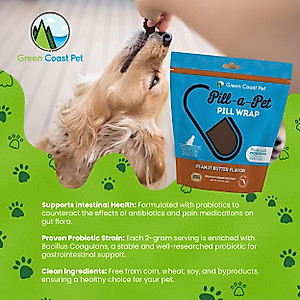 Green Coast Pet Pill-a-Pet Pill Wrap for Dogs Peanut Butter Flavor | Made in USA | Probiotics | 60 Wraps