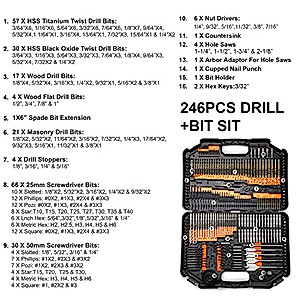 VOLLTEK Drill Bit Set, 246-Pieces Drill Bits and Driver Set for Wood Metal Cement Drilling and Screw Driving, Combo Kit Assorted in Plastic Carrying Case