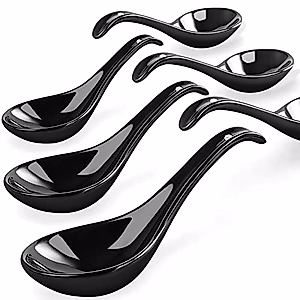 Wareland Asian Soup Spoon Set of 6, 6.75 inch Ultra-fine Ceramic Chinese Soup Spoons, Black Japanese Soup Spoon for Cereal Stews Ramen Pho Wonton Dumpling Miso, Deep Oval Hook Design, Dishwasher Safe