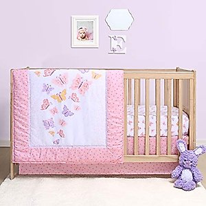 The Peanutshell Butterfly Crib Bedding Set for Baby Girls | 3 Piece Nursery Set | Baby Quilt, Crib Sheet, and Dust Ruffle