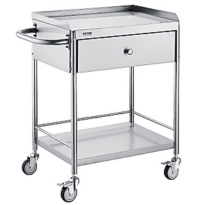 VEVOR Shelf Stainless Steel Utility Cart Catering Cart with Wheels Medical Dental Lab Cart Rolling Cart Commercial Wheel Dolly Restaurant Dinging Utility Services (2 Shelves/ 1 Drawer)