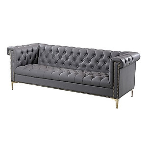 Iconic Home Winston Nail Head Tone Legs PU Leather Modern Contemporary Button Tufted with Gold Nailhead Trim Goldtone Metal Y-Shaped Feet Sofa, Grey