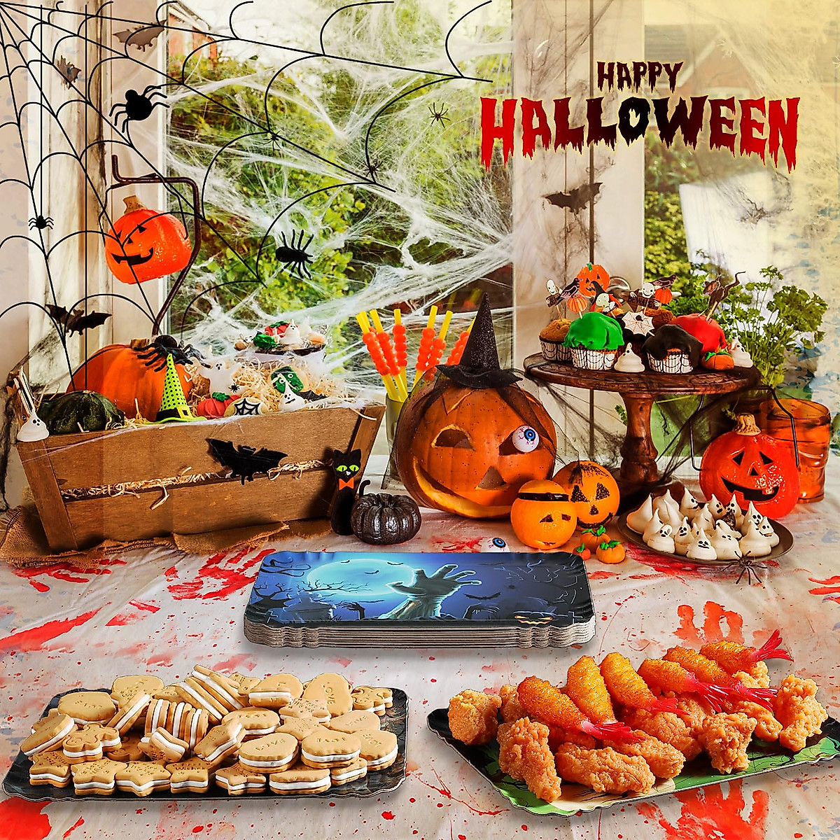 Rtteri 10 PCS Halloween Serving Trays Party Decorations 11 x 7.5 Halloween Food Trays Halloween Tray Halloween Party Trays for Halloween Theme Dessert Cupcake Birthday Party Tableware Supplies