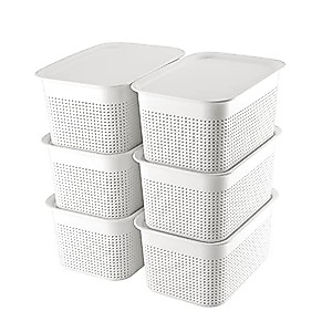 AREYZIN Plastic Storage Bins With Lid Set of 6 Storage Baskets for Organizing Container Lidded Storage Organizer Bins for Shelves Drawers Desktop Closet Playroom Classroom Office, White