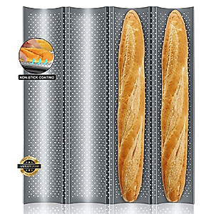 Walfos French Bread Baking Pan, Non-stick Perforated French Baguette Bread Pan, 4 Wave Loaves Loaf Bake Mold Toast Perforated Cooking Bakers Molding (Silver