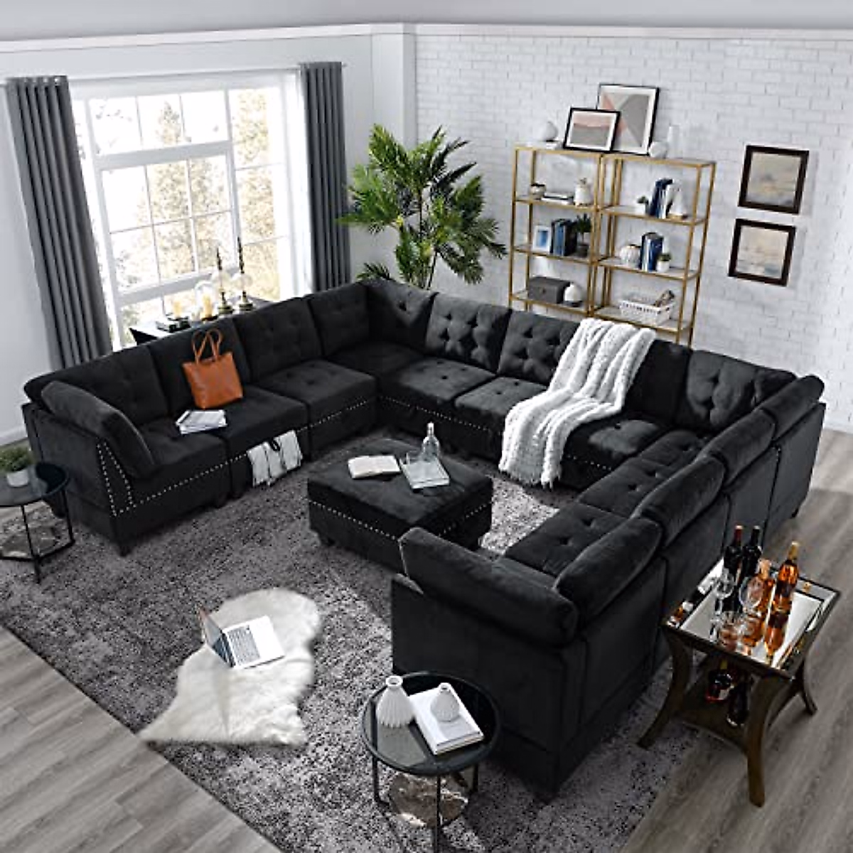 Melpomene 142'' U-Shape Velvet Sectional Sofa Couch，DIY Combination Includes 7 Single Chair 4 Corner and 1 Ottoman, Living Room Furniture Set for Villa & House,Black