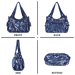 YeFine Washed Denim Fabric Hobo Bags For Women Rhinestone Decoration Lady's Purses And Handbags Shoulder Bags (Rhinestone Blue)
