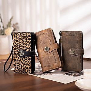 CLUCI Wallet for Women Leather Large Capacity Purse Wristlet Clutch RFID Blocking Credit Card Holder with ID Window Leopard