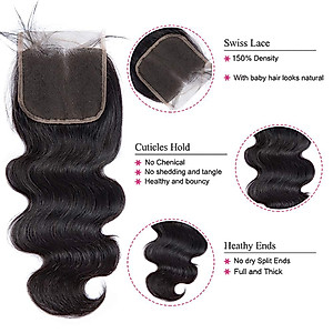 Body Wave 3 Bundles with Closure 100% Unprocessed Brazilian Body Wave Human Hair Weave with 4x4 Free Part Lace Closure Natural Color (14 16 18+12,Bundles with Closure)