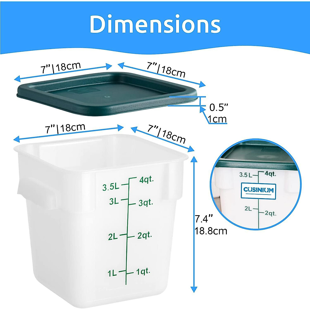 CUSINIUM 2-Pack - 4qt White Square Food Storage Containers with Lids