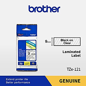 Brother Genuine P-Touch TZE-121 Tape, 9 mm (0.35") Standard Laminated P-Touch Tape, Black on Clear, Laminated for Indoor or Outdoor Use, Water-Resistant, 26.2 ft (8 m), Single-Pack