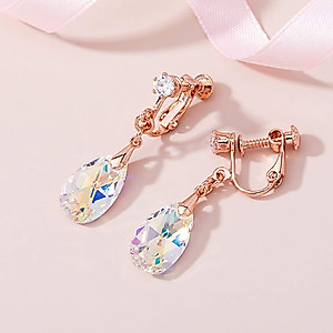 Teardrop Austrian Crystal Drop Clip On Dangle Earrings for Women Non Pierced 14K Rose Gold Plated Hypoallergenic Jewelry (Aurora Borealis)