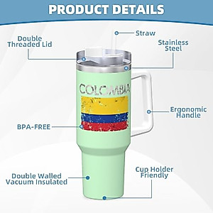 YVNUM 40 oz Tumblers with White Handle,Vintage Colombia Colombian Flag Pride Stainless Steel Thermos Travel Coffee Mug for Water, Iced Tea or Coffee,with Lid Straw Leakproof