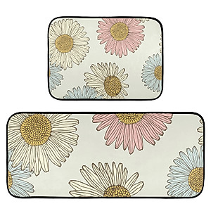 BOENLE Blooming Daisy Kitchen Rugs and Mats Non Skid Washable Kitchen Rug Set 2 Piece Carpet Ergonomic Comfort Standing Mat for Kitchen,Bathroom, Laundry