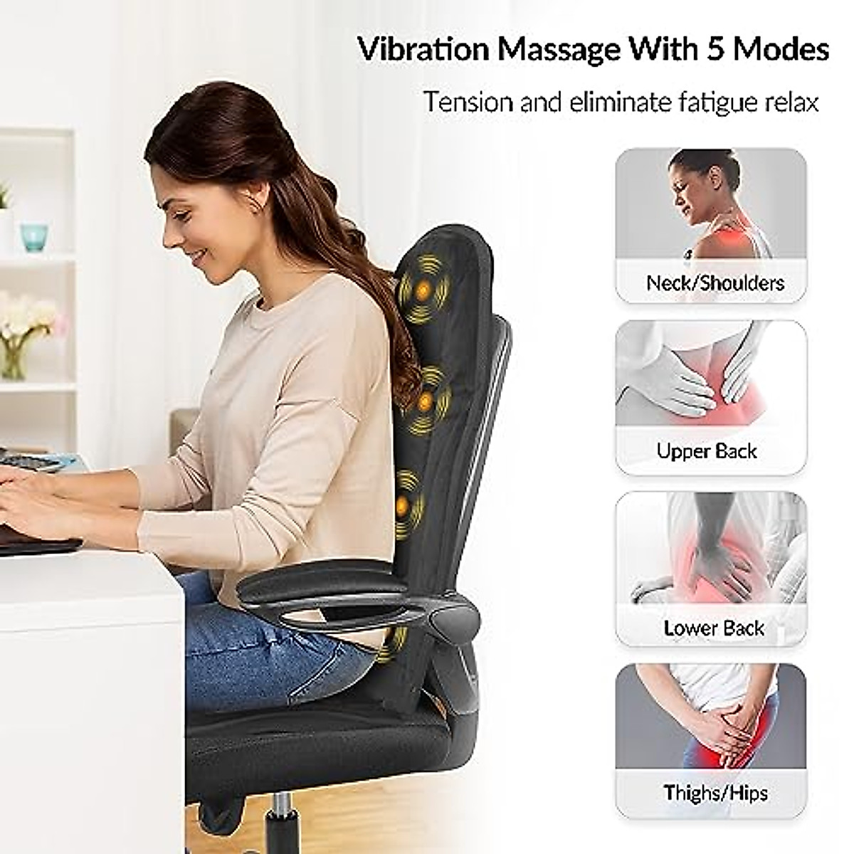 CuPiLo Full Back Massager with Heat,5 Vibrating Modes & 2 Heat Levels,Back Massager Chair Pad,Electric Massage Seat Cushion, Seat Massage Pad,Ideal Gifts for Dad,Mom,Him,Her(Black)