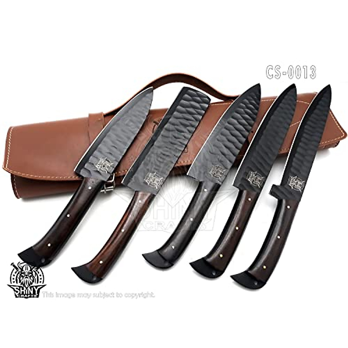 SHINY CRAFTS | Handmade Forged Black Coated Kitchen Knife Set with Wangi wood handle and Damascus Steel Blade, Chef’s Knives set with Leather Pouch Roll and Razor-Sharp Blade (CS-13)