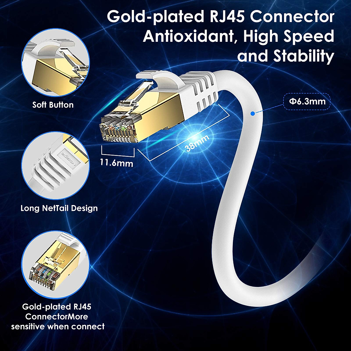 ZOSION Cat 8 Ethernet Cable 75 ft White, High Speed 2000Mhz 40GBps Internet Patch Cable Cord Shielded Durable Gold Plated RJ45 Connector for Gaming PC TV PS4 Modem Router Mac Laptop Xbox Movie