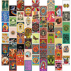 Waschbär 54PCS Hippie Room Decor, Vintage Wall Collage Kit, Wall Aesthetic, Retro Room Decor, Vintage Decor, 80s, Hippie Decor, Trendy Room Decor, Trippy Poster, Posters for Room Aesthetic 90s, Band Posters
