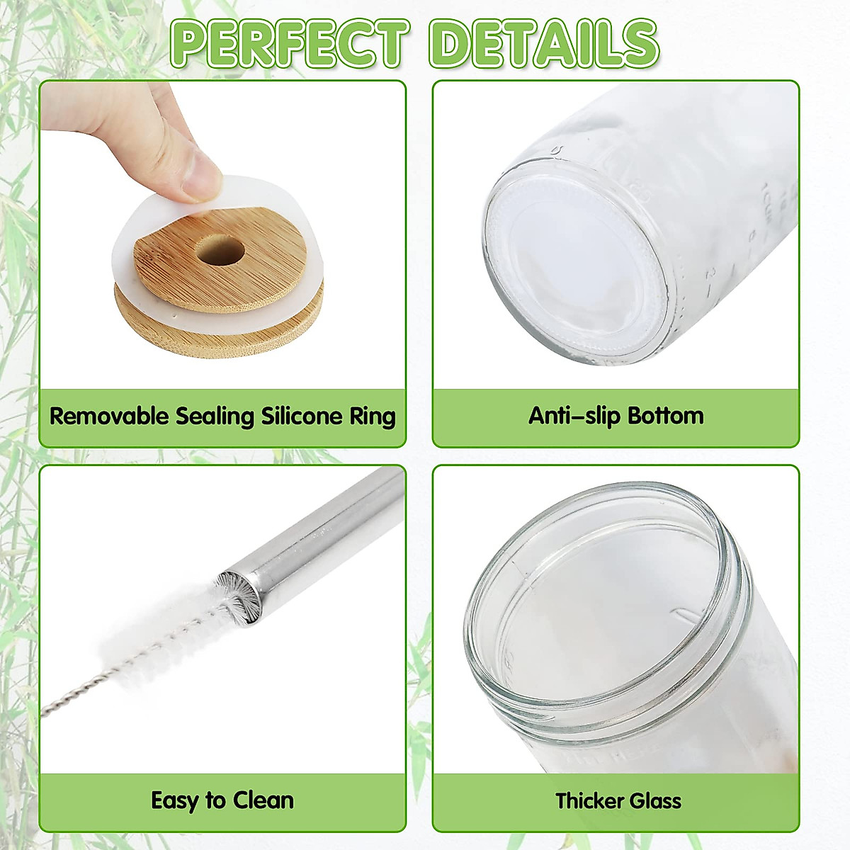 BESTBEL 6 Pack Mason Jar Drinking Glasses with Lids and Straws,24OZ Glass Cups with Bamboo Lids and Straws,Wide Mouth Reusable Smoothie Cups,Iced Coffee Cups,Boba Cup,Bubble Tea Cup