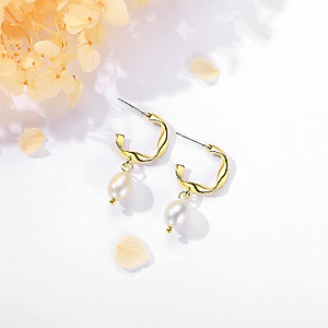 Freshwater Cultured Baroque Pearl Hoop Earrings for Women Pearl Drop Earrings Dangle Gold Pearl Earrings for mother her