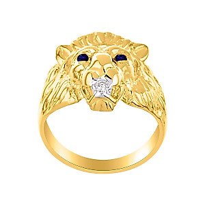 Rylos Conversation Starter Diamonds & Sapphire Eyes & Mouth of this Lion Head Ring Set in 14K Yellow Gold Plated Silver Size 9