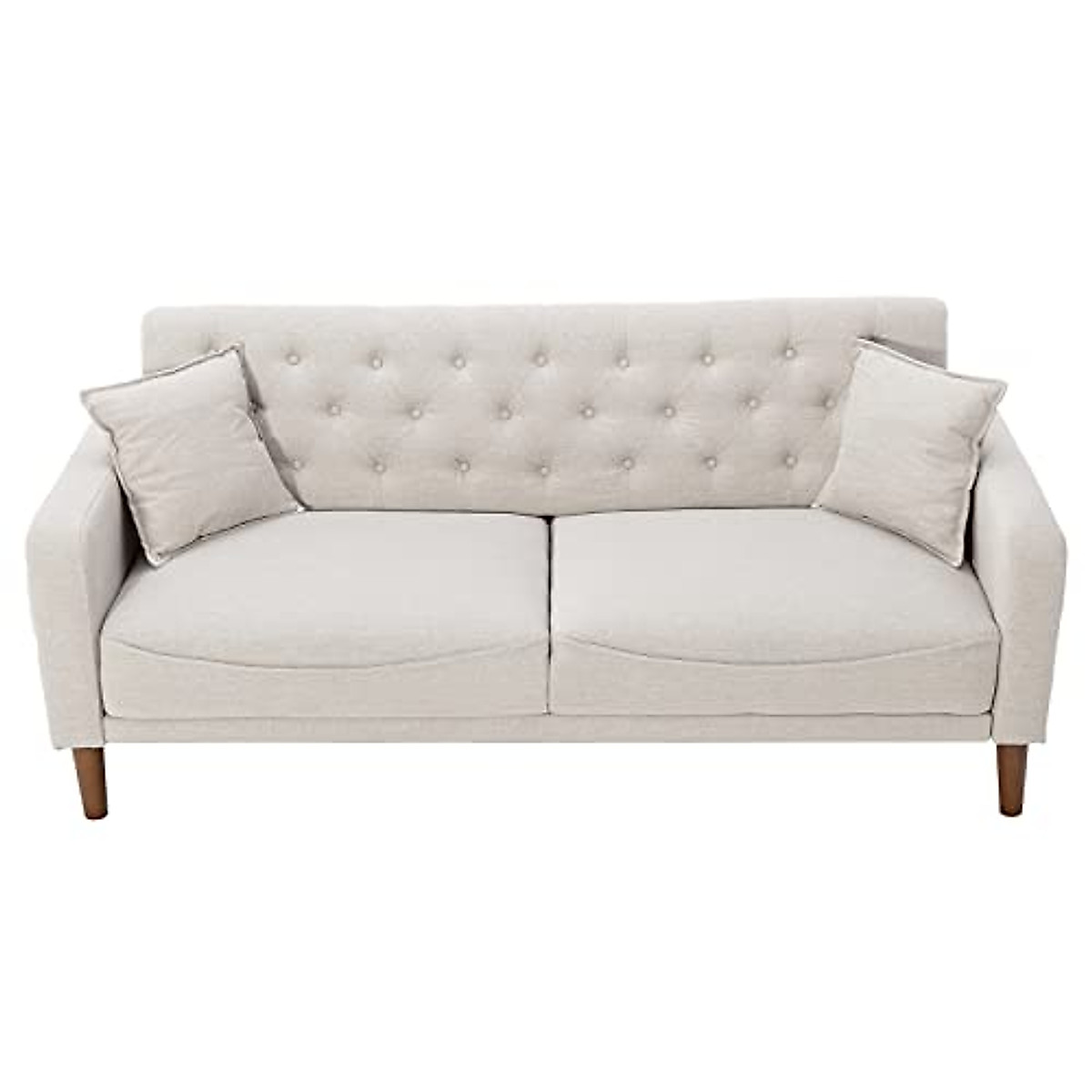 Aoowow Linen Fabric Sofas and Couches 78 Inches Long, Mid Century Modern Couch Tufted Back Sofa with 2 Throw Pillows, Armrest and Wooden Legs for Living Room, Apartment, Bedroom (Beige)