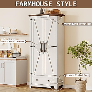 LUXOAK Farmhouse Kitchen Pantry Cabinet, 72" Tall Storage Cabinet with Adjustable Shelves & Barn Doors, Freestanding Kitchen Cupboard for Dining Room, Living Room, Barnwood+White