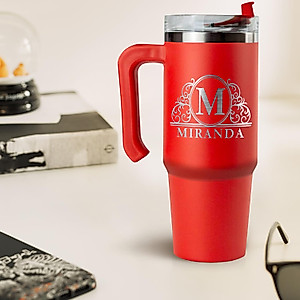 Personalized 30 oz Travel Mug - Elaborate Circle Monogram - Red Custom Engraved Cup with Handle Vacuum Insulated Tumbler Birthday Gift for Women, Men, Beer and Drinks