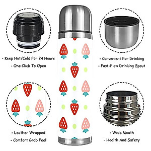 Stainless Steel Leather Vacuum Insulated Mug Strawberry Thermos Water Bottle for Hot and Cold Drinks Kids Adults 16 Oz