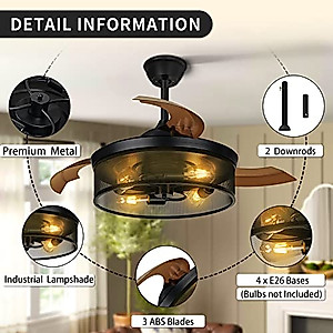 NEWORB 42 Inch Retractable Ceiling Fan with Lights, Reversible 6 Speeds Farmhouse Cage Fans Industrial Hidden Blade Ceiling Fans with Light and Remote, for Living Room, Bedroom, Patio, Black